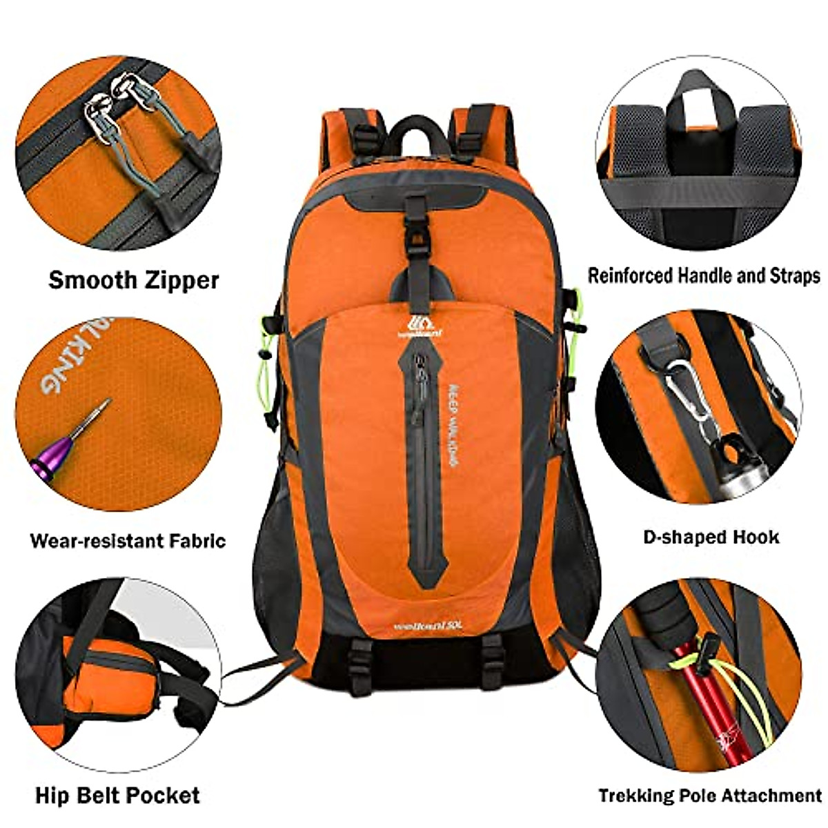 50L Hiking Backpack Camping Backpack Hiking Daypack Waterproof Backpack Day Pack for Men Women Trave Backpack with Rain Cover (orange)