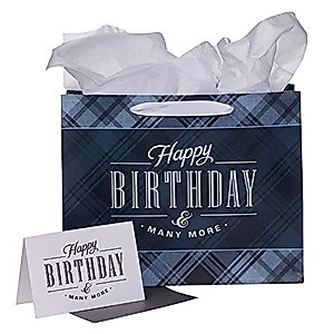 Christian Art Gifts Landscape Gift Bag with Card and Tissue Paper Set - Happy Birthday and Many More, Black and Navy Blue Plaid, Large