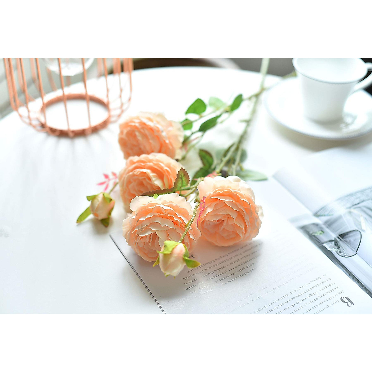 famibay Faux English Cabbage Rose 4 Branch 12 Stems Bundle Mixed Blooms & Buds Spays in Peach Pink, Artificial Silk Flowers & Fake Greenery, Indoor Outdoor Wedding Home Decor