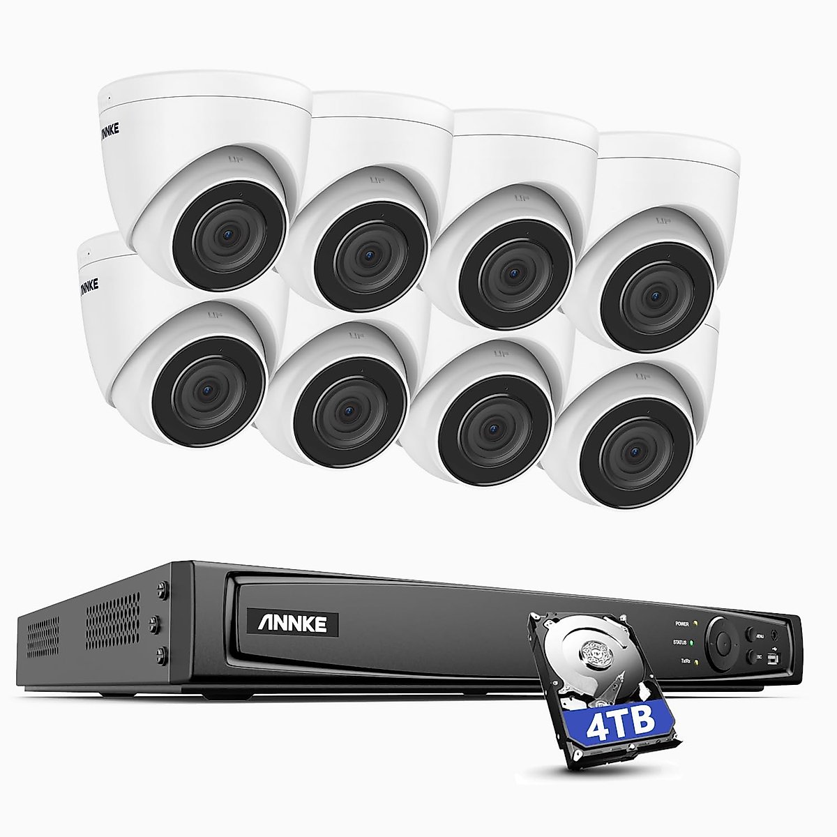 ANNKE 16CH PoE Security Camera System, 8X 3K/5MP Wired Turret IP Cameras with Built-in Microphone, 2.8mm Lens, IP67, 12MP NVR Recorder with 4TB HDD, AI Motion Detection, Compatible with Alexa