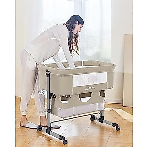 Ihoming Baby Bassinet Bedside Sleeper, Baby Bed Side Crib with Storage Basket, Easy Folding Bassinets, Adjustable Baby Bed for Infant Newborn, Pure Khaki