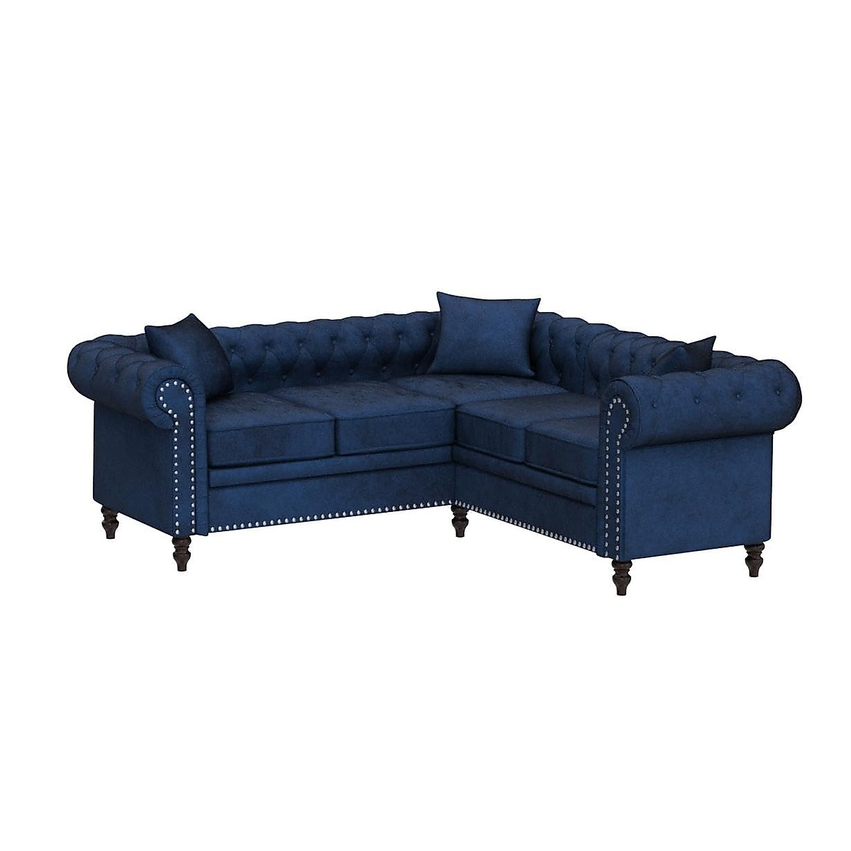 Eafurn 80” L Shaped Chesterfield Sectional, Deep Button Tufted Upholstered Corner Rolled Arm and Nailhead,Classic Symmetrical Sofa & Couches with 3 Pillows,Solid Wood Gourd Legs, Blue