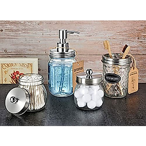 Amolliar 4PCS & 2pcs Brushed Nickel Mason Jar Bathroom Accessories Set-3 pcs Lotion Soap Dispenser & 2 pcs Cotton Swab Holder &1pcs Toothbrush Holder,Waterproof Stickers,Rustic Farmhouse Decor
