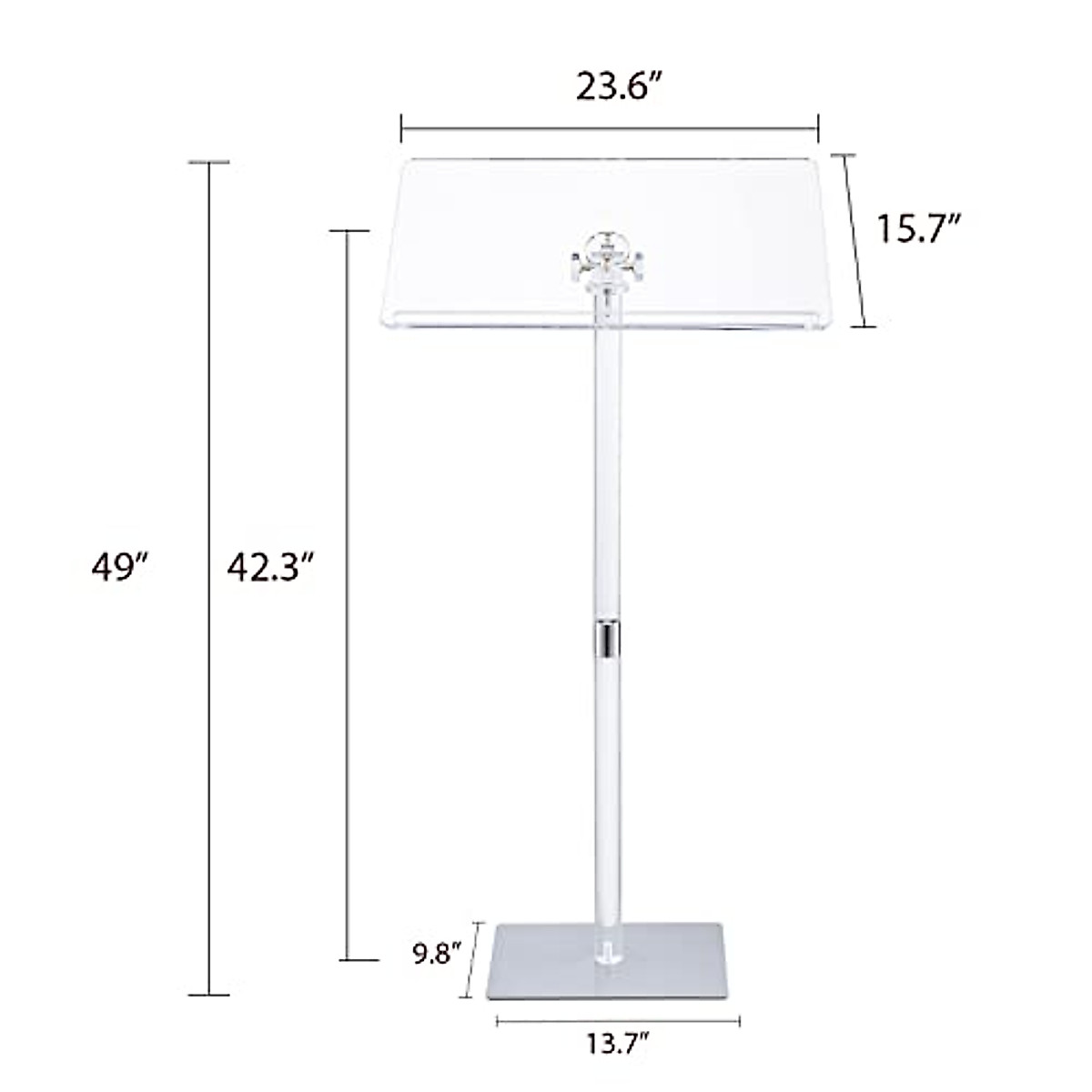 HMYHUM Acrylic Podium Stand, Angle Adjustable, Modern Lecterns & Pulpits for Classroom, Concert, Church, Speech, Easy Assembly, Metal Base, 23.6" L x 15.7" W x 42.3" H, Clear