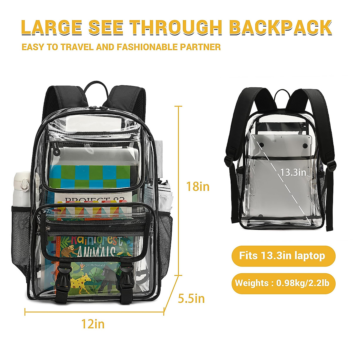 Maod Clear Backpack Stadium Approved Heavy Duty for School Kids Large PVC Transparent Bookbags with Padded Shoulders (Black)