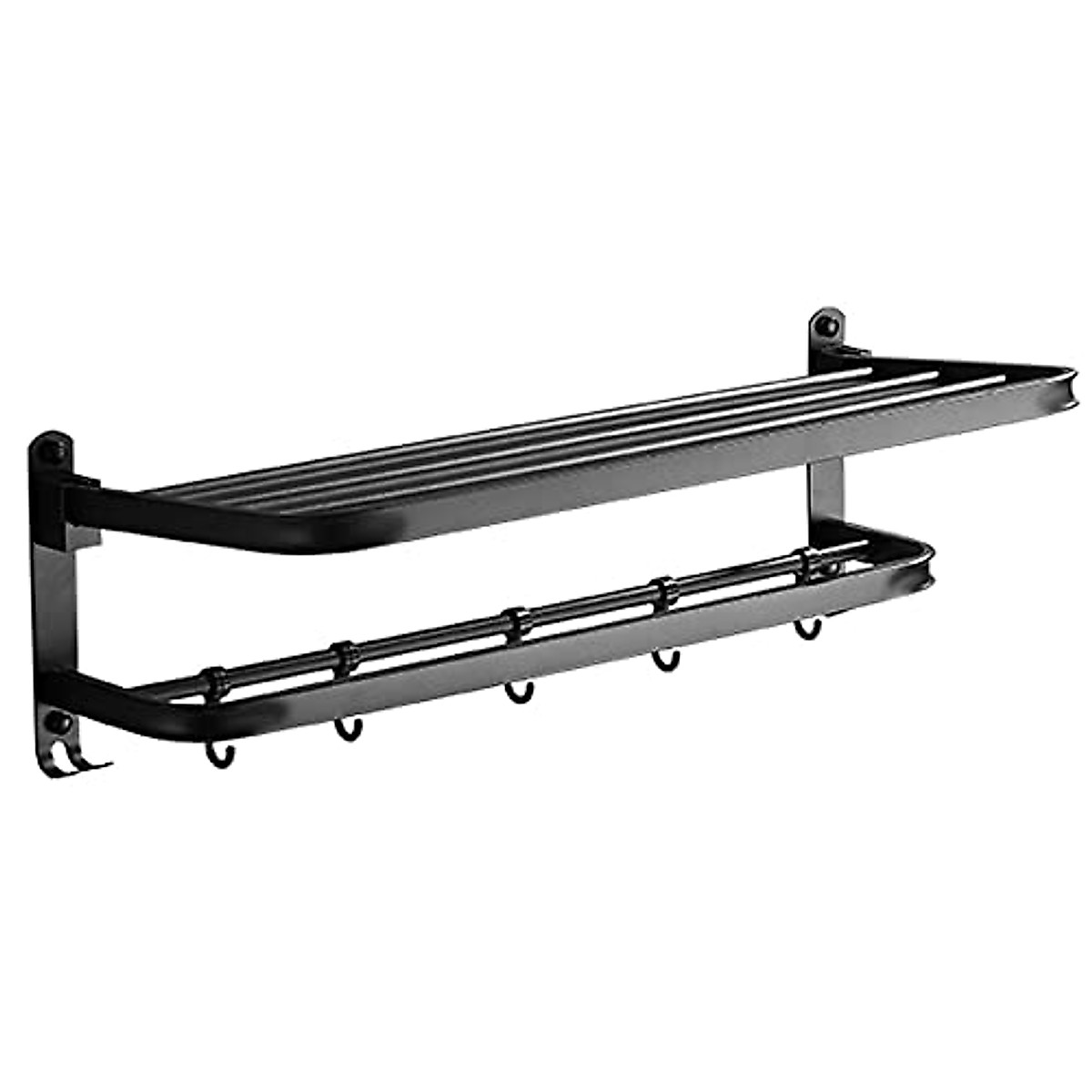 WKZZTCGD Black Bathroom Towel Rack,Stainless Steel Towel Holder with Hooks,Wall Mounted Foldable Double-Deck Shelf Bars