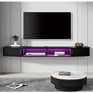 FITUEYES Floating TV Stand Wall Mounted Shelf with Colorful LED Lights, Wood Media Console Entertainment Center Under TV, Cabinet Hutch Desk Storage for Home and Office,Black