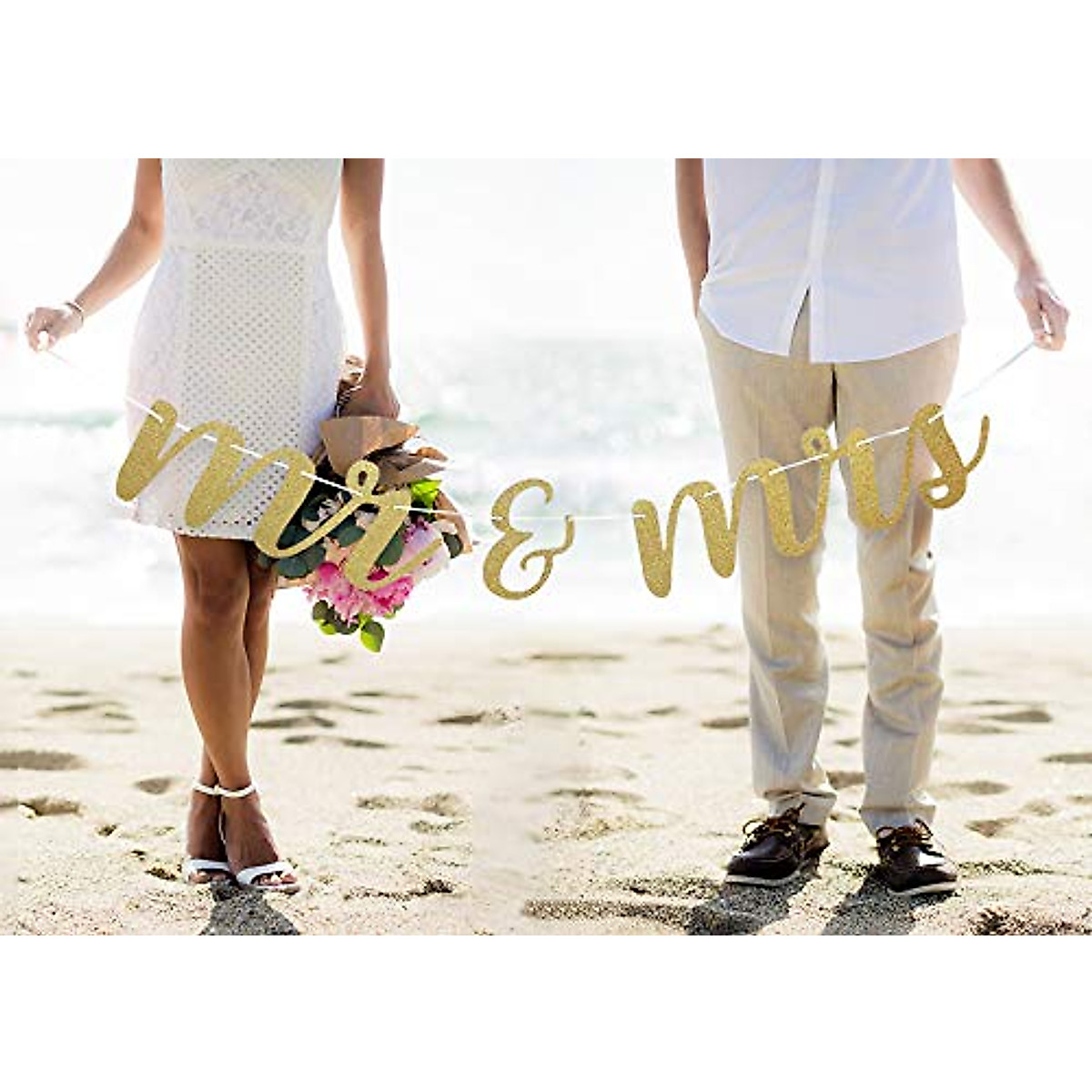 Pre-Strung Mr & Mrs Sign for Wedding Table - Wedding Decorations for Reception and Ceremony , Wedding Sign Gold Wedding Decor , Sweetheart Table Wedding Banner for Bride and Groom Chair - by Prazoli