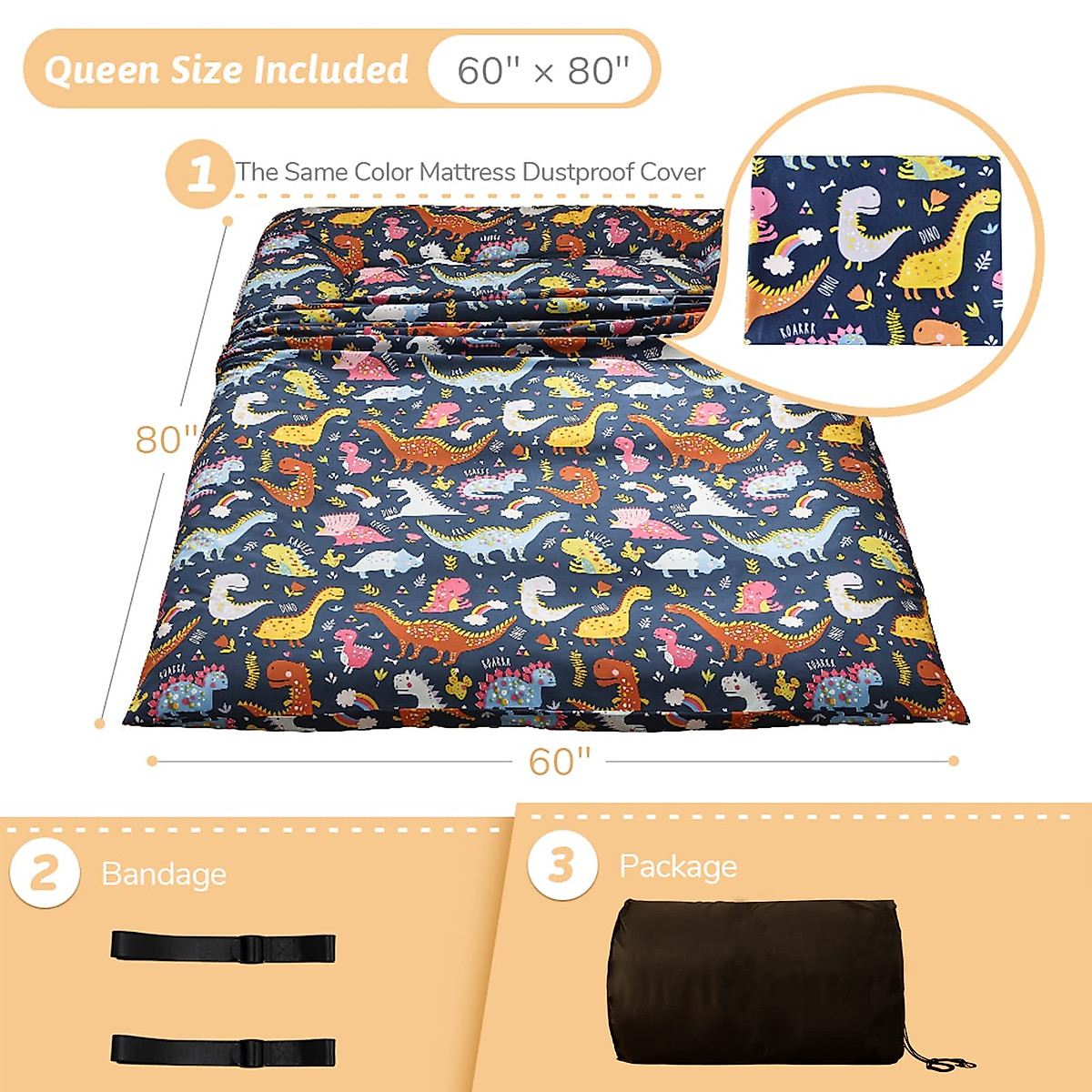 Dinosaur Japanese Floor Futon Mattress for Boys Girls, Thicken Tatami Mat Sleeping Pad Foldable Bed Roll Up Mattress Floor Lounger Bed Couches and Sofas for Kids Queen Size