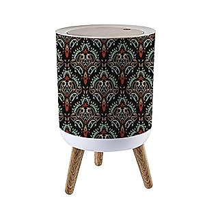 Small Trash Can with Lid Seamless Based on Ornament Paisley Bandana Print Vintage Style Silk Wood Legs Press Cover Garbage Bin Round Waste Bin Wastebasket for Kitchen Bathroom Office 7L/1.8 Gallon