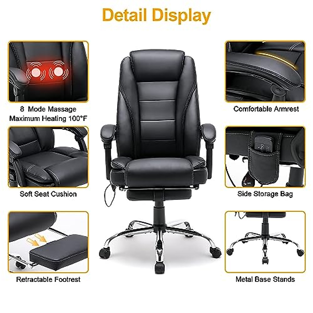 HOMREST Executive Office Chair, Massage Heated Desk Chair with Ergonomic High Back PU Leather Computer Chair with Footrest Lumbar Support for College Dorm (Black)