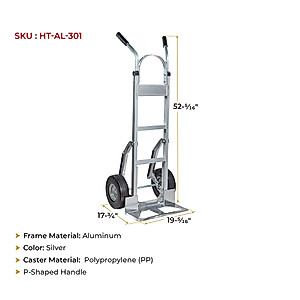 Mytee Products 600 lbs Dual Handle Aluminum Hand Truck Heavy Duty Dolly with 10" Solid Caster Wheels - Large Hand Truck with Skid Bars - 52.3" x 17.5" with 19.3" x 7.5" Nose Plate