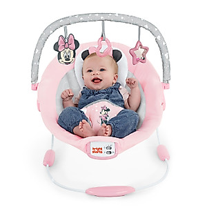 Bright Starts Minnie Mouse Rosy Skies Baby Bouncer with Vibrating Infant Seat, Music & 3 Playtime Toys, 23x19x23 Inch (Pink)