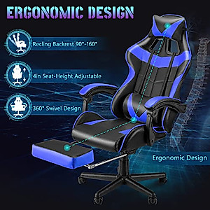 Soontrans Blue Gaming Chair with Footrest,Gaming Computer Chair, Office Gaming Chair Ergonomic Gamer Chair with Height Adjustment,Headrest and Lumbar Support Gamer Chair(Storm Blue)