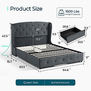 LINSY Upholstered Queen Bed Frame with 4 Drawers, RGB Lights, Fast Charger and Headboard - No Box Spring Needed, Dark Grey