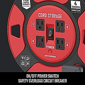 CRAFTSMAN Retractable Extension Cord Reel 1 Ft. With 4 Outlets, Cable Management & Heavy Duty 14AWG SJTW Cable