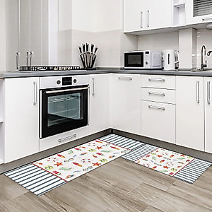 IDOWMAT Kitchen Rug Sets of 2 - Absorbent Non-Slip Kitchen Mats Navy Blue Stripes Beach Swim Ring Ice Cream Sunglasses Floor Comfort Mats Doormat for Kitchen Office Laundry 15.7x23.6in + 15.7x47.2in