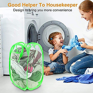 3PCS Mesh Laundry Pop-Up Hampers ，Foldable Clothes Washing Laundry Basket Bins ，Handles Kids’ Garments Hamper， for Storage Room ，Kids Toys， College Dorm ，Home Organization Travel Use (Green)