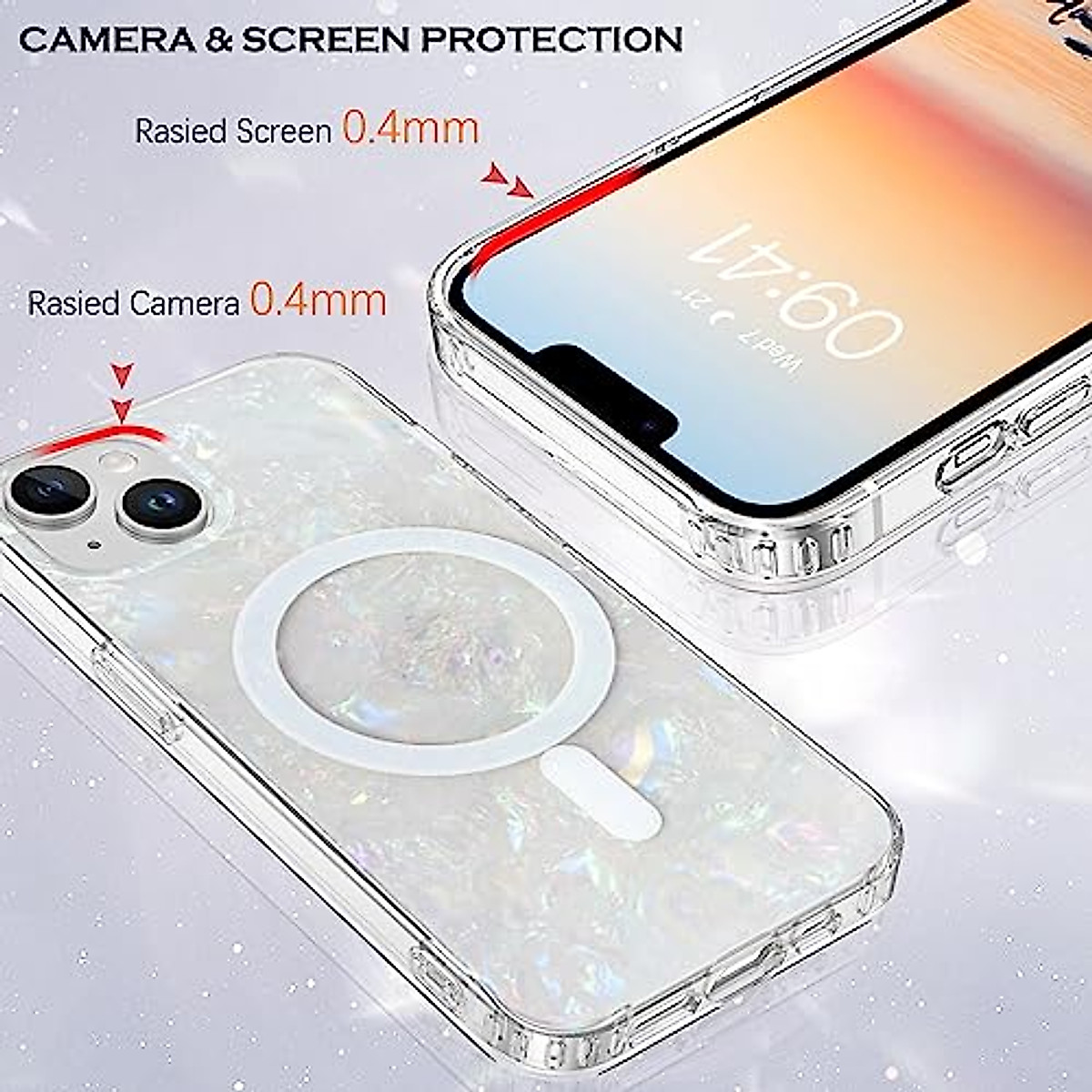 YINLAI Case for iPhone 14 / iPhone 13 [Compatible with MagSafe] Magnetic Slim Glitter Bling Sparkly Pearl Mother-of-Pearl Seashell Women Girly Soft Shockproof Protective Phone Cover 6.1 Inch, White