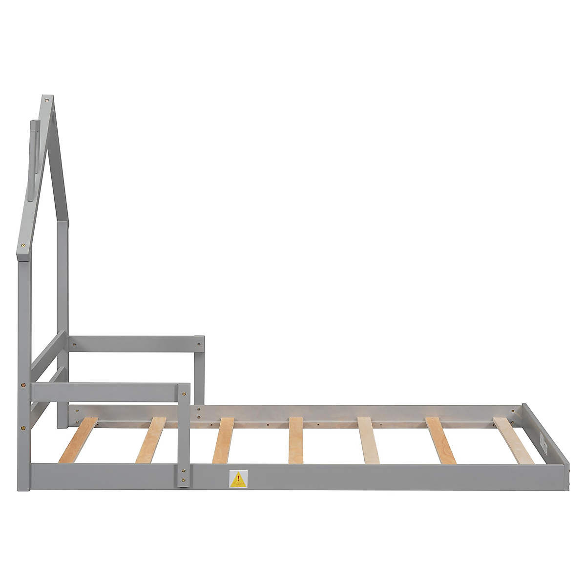 Zyerch Twin House-Shaped Headboard Floor Bed with Handrails,Wooden Bed Frame with Slat for Kids, Teens, Boys Or Girls,Grey