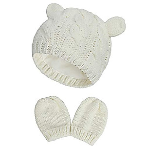 Newborn Winter Beanie Hat Gloves Set for Baby Girls Boys, Infant Toddler Warm Knitted Hat Gloves, Unisex-Baby Beanies (0-1 Months, Pink & White)
