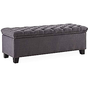BELLEZE 47 Inch Mid Century Modern Storage Ottoman, Rectangular Lift Top Button Tufted Linen Bench Footstool for Living Room or Bedroom Furniture - Tiara (Gray)
