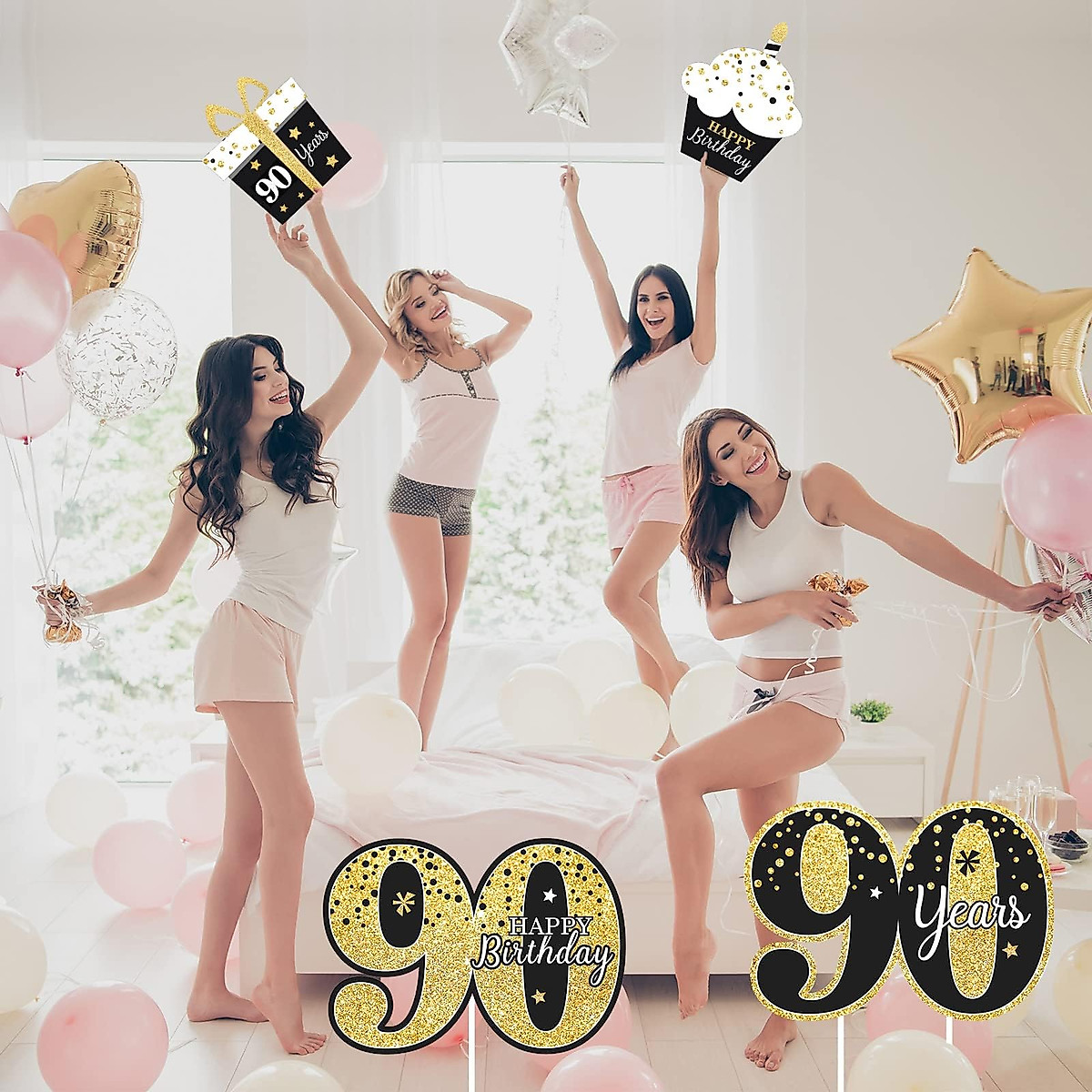 Happy 90th Birthday Yard Signs Set of 8, Black Gold 90th Birthday Decorations for Men, 90 Birthday Lawn Signs with Stakes and Outdoor Lawn Decorations