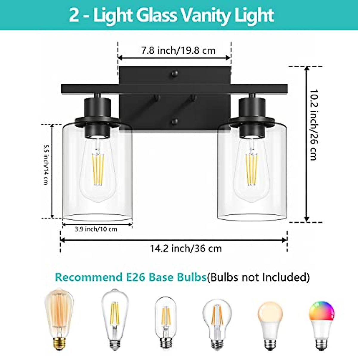 2-Light Black Bathroom Light Fixture, Vanity Light Over Mirror with Clear Glass Shade, Modern Black Sconce Wall Lighting with Metal Base, Farmhouse Wall Mount Lamp for Bathroom, Living Room, Bedroom