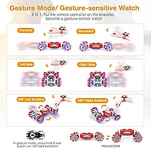 Powerextra 2023 New Remote Control Car, 1:12 Gesture Control Rc Stunt Car with Light & Music, 4WD Transform Off Road Double Side 360° Rotating Glove Racing Toy Car, 90+ Mins Play Car