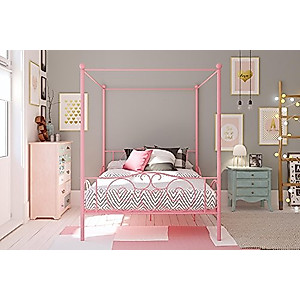 DHP Metal Canopy Kids Platform Bed with Four Poster Design, Scrollwork Headboard and Footboard, Underbed Storage Space, No Box Sring Needed, Full, Pink