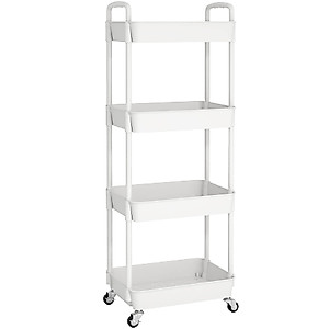 JIUYOTREE 4-Tier Rolling Storage Cart Utility Cart with Lockable Wheels for Living Room Bathroom Kitchen Office White