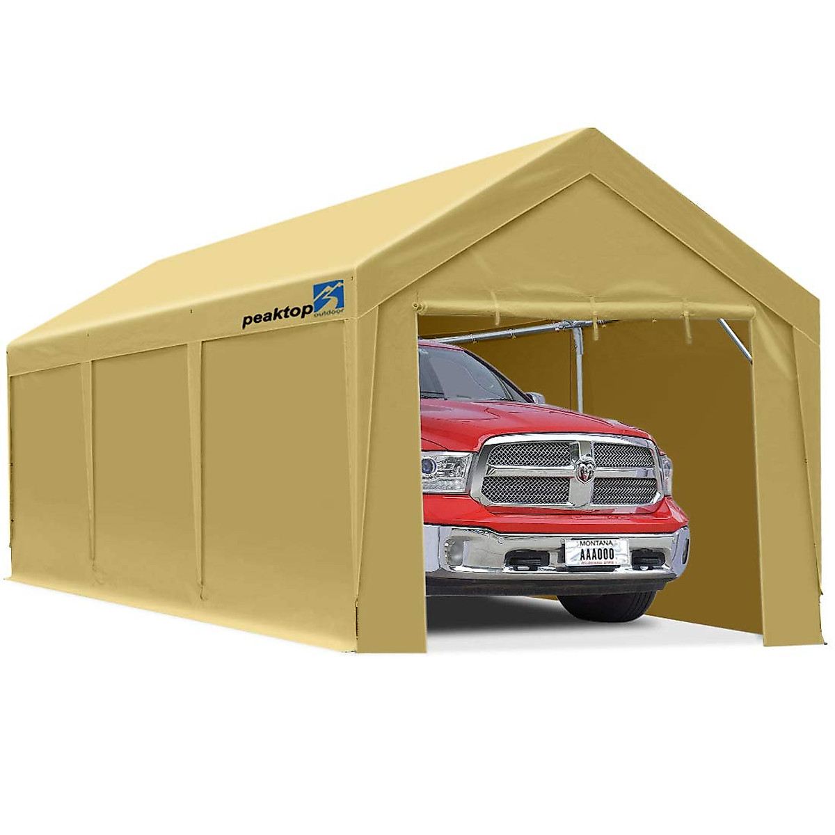 PEAKTOP OUTDOOR 10x20 ft Heavy Duty Carport, Portable Car Canopy, Garage Tent, Boat Shelter with Reinforced Triangular Beams and Ground Bar, Removable Sidewall & Zipper Doors, Beige