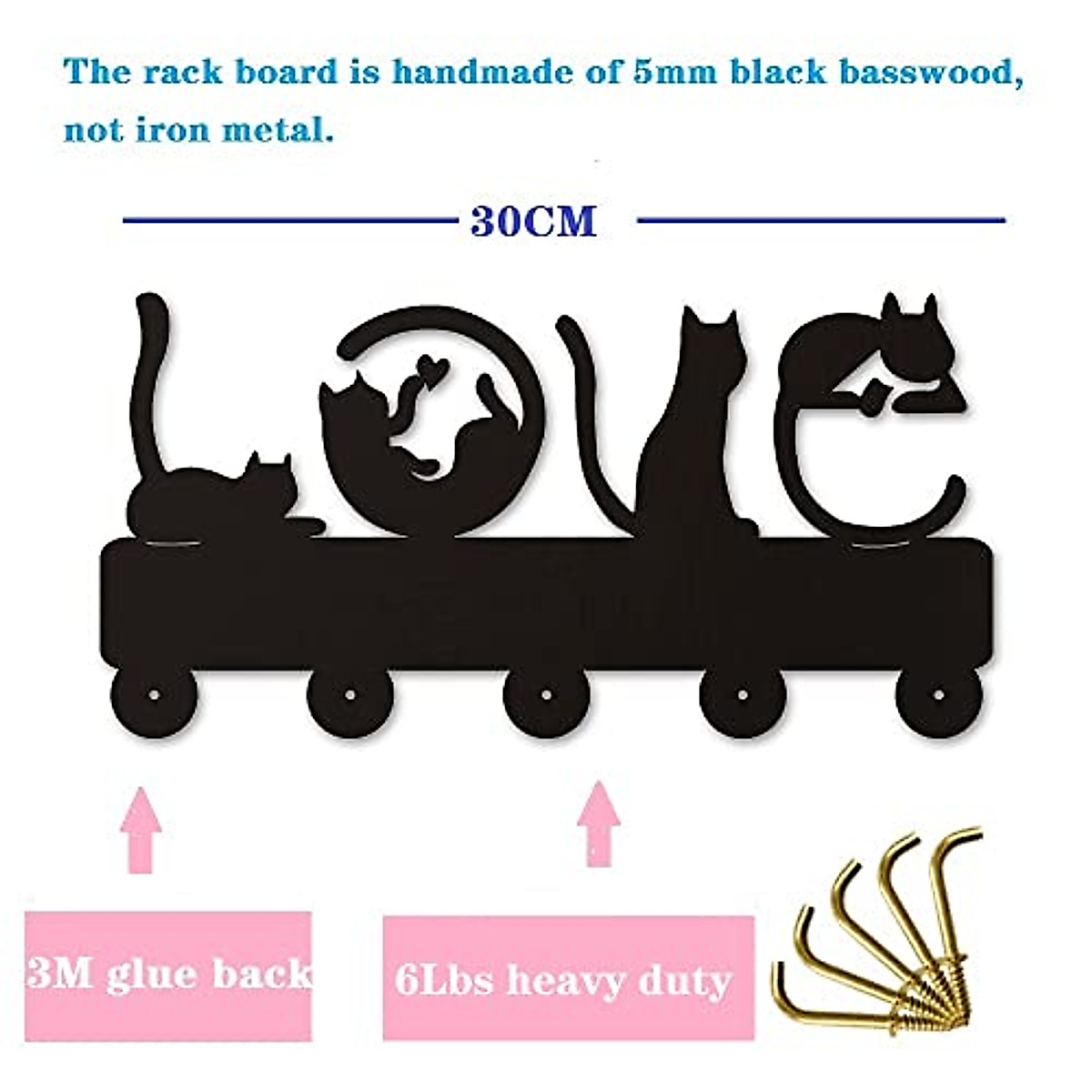 cherry sun Cat Welcome Design Key Hook Wall Door Clothes Coat Hat Hanger Key Holder with 5 Hooks Strong Adhesive Sticker Wood Hook,Entryway,Birthday Gift.(P2)