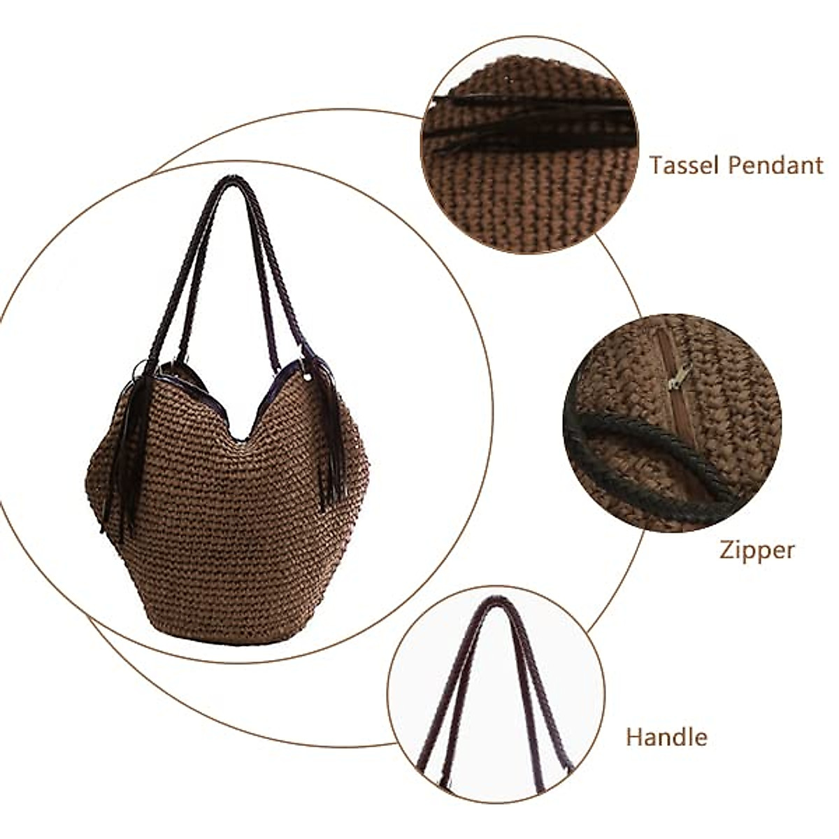 QTKJ Soft Large Straw Shoulder Bag with Brown Charm Leather Tassels, Boho Leather Handle Tote Retro Summer Beach Bag Rattan Handbag (Brown)