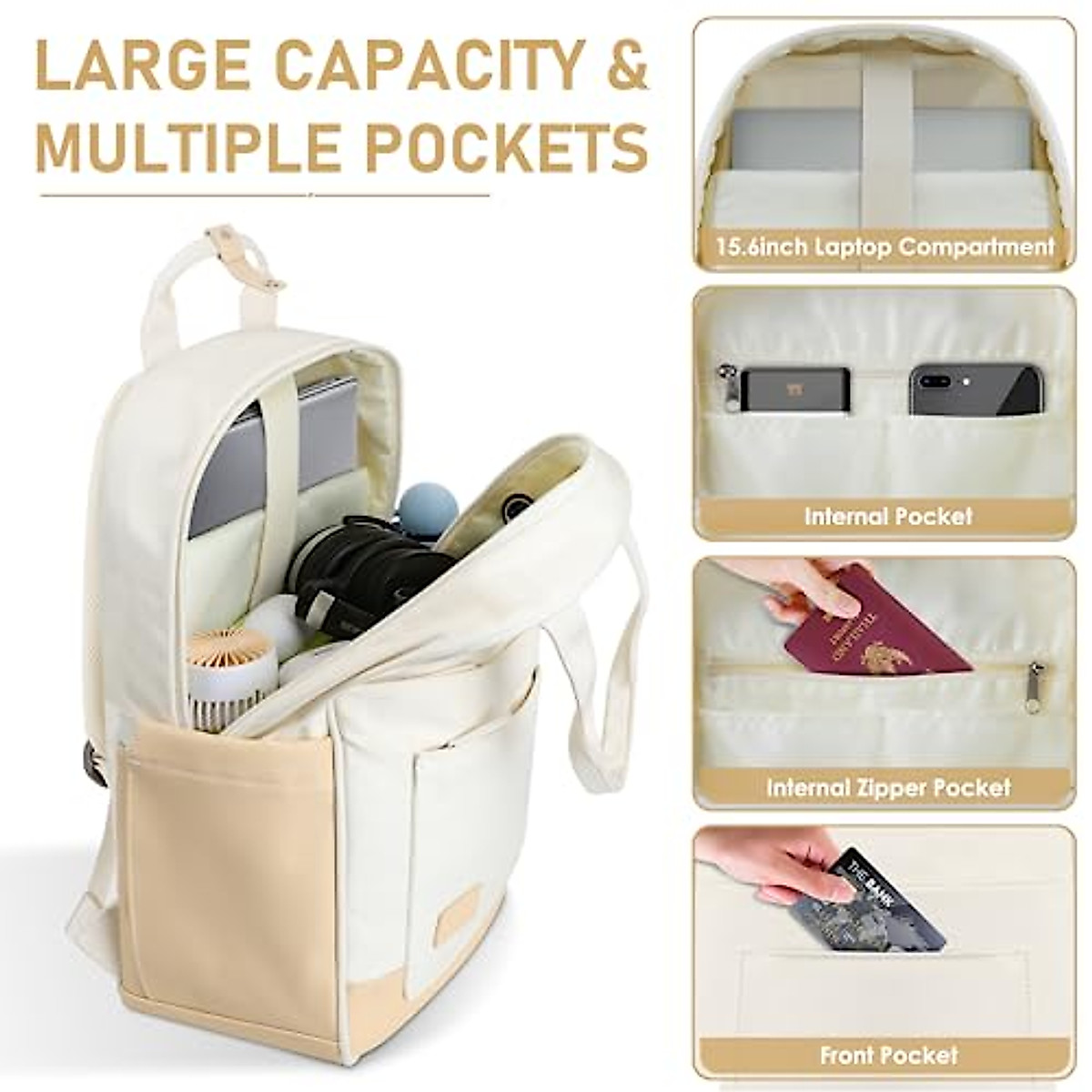 ZOMFELT Casual Travel Backpack for Women Men, Canvas Daypack Backpack for College, Lightweight Fashion Backpack with USB Charging Port, Bookbag for Student, Teacher, Nurse, Girls, Work, Beige