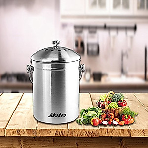 Abakoo Stainless Steel Compost Bin - 1.3 Gallon Premium Grade 304 Stainless Steel Kitchen Composter - Includes 4 Charcoal Filter, Indoor Countertop Kitchen Recycling Bin Pail