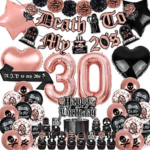 Death to My 20s Decorations, 30th Birthday Decorations for Her Black and Rose Gold, Rip to My 20s Birthday Decorations Funeral for My Youth 30th Birthday 30 Balloon Numbers Dirty Thirty Party Supplies