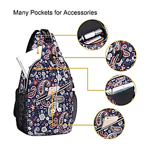 MOSISO Sling Backpack,Travel Hiking Daypack Pattern Rope Crossbody Shoulder Bag, Navy Blue Base Cashew