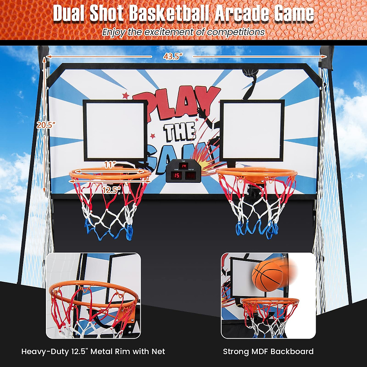 Goplus Foldable Dual Shot Basketball Arcade Game, Basketball Hoop Game w/Electronic Scoring, 8 Game Modes, 4 Balls, Indoor Outdoor Electronic Basketball Game Machine for Kids Adults (White+Blue)