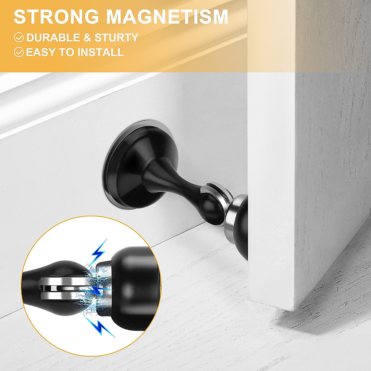Crosize Magnetic Door Stoppers 2 Pack, Stainless Steel Door Stops for Wall and Floor Mounting, Door Holder Keep Door Open, No Drilling Door Stop with 3D Adhesive Tapes, Black
