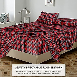 RUVANTI Flannel Sheets Queen Size - 100% Cotton Brushed Flannel Bed Sheet Sets - Deep Pockets 16 Inches (fits up to 18") - All Seasons Breathable & Super Soft - Warm & Cozy - 4 Pcs - Red Plaid