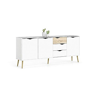 Pemberly Row Danish Modern 77" W Buffet Cabinet/Sideboard in White and Oak
