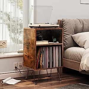 TC-HOMENY Record Player Stand with Charging Station & USB Ports, Turntable Stand Holds Up to 160 Albums, Vinyl Record Storage Stand with Metal Legs for Living Room, Bedroom, Office