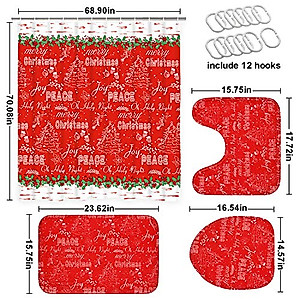 Alishomtll 4 Pcs Merry Christmas Shower Curtain Sets with Non-Slip Rugs, Toilet Lid Cover and Bath Mat, Christmas Tree Shower Curtain with 12 Hooks, Red Shower Curtain for Bathroom Decoration