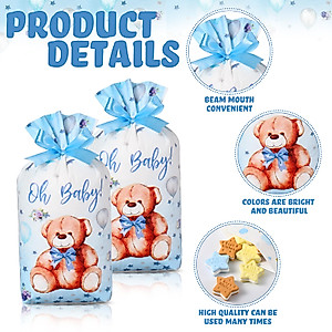 Chiisong 50 Pcs Baby Shower Treat Bags with Bow Plastic Baby Drawstring Candy Goodie Bags Baby Shower Party Favor Gift Bags for Boy Girl Birthday Gender Reveal Party 9 x 6 x 2 Inch(Bear)