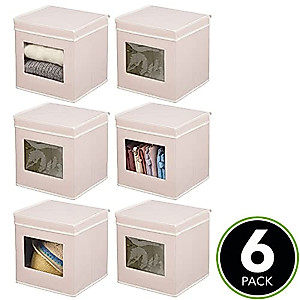 mDesign Fabric Stackable Square Cube Storage Organizer Box with Window and Attached Lid for Organizing Bedroom Closet - Holds Purses, Linens, Accessories - Jane Collection - 6 Pack - Pink/White