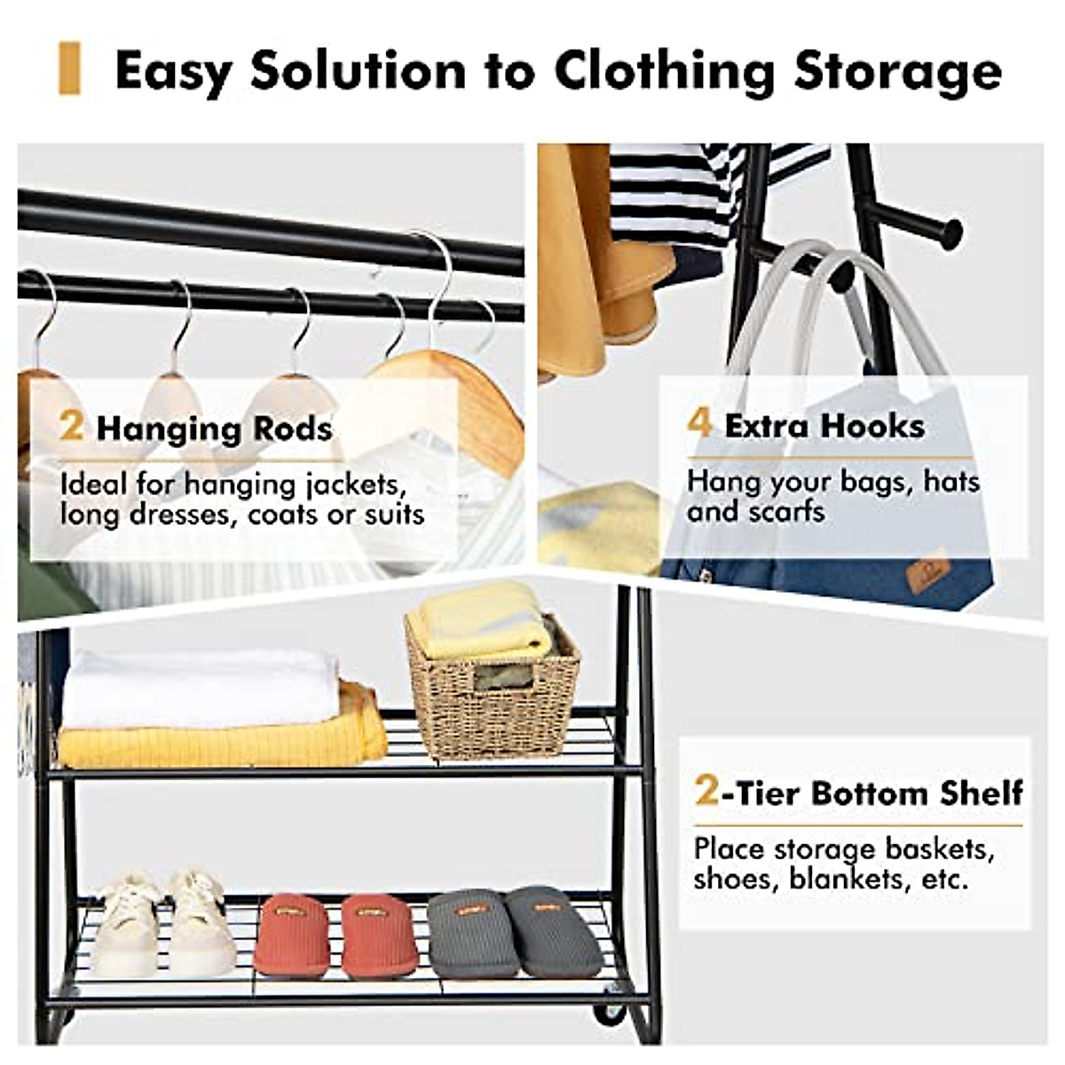 Giantex Metal Rolling Garment Rack, Clothing Rack with Wheels, Double Hanging Rods, 2 Shelves, 4 Hooks, Freestanding Clothes Organizer Rack with 2 Lockable Wheels for Bedroom, Balcony, Dorm, Black