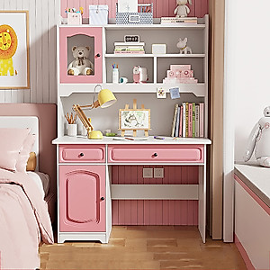 Study Desk with Hutch & Bookshelf & Drawers,Wooden Computer Desk Home Office Desk Teenager Desk,Cute Writing Study Desk Bookshelf Combo for Girl Boy(31.5inch, Pink)