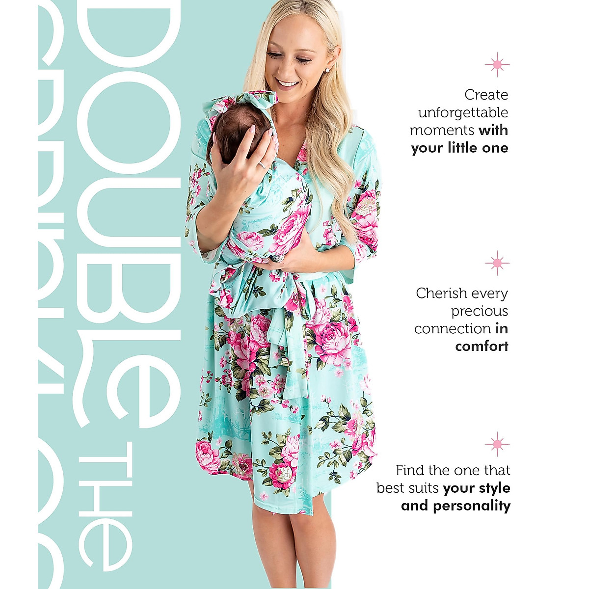 DOUBLE THE SPRINKLES Maternity Robe & Swaddle Set, Mom & Baby Me Outfits Matching, Hospital Gown, Blanket & Hat.