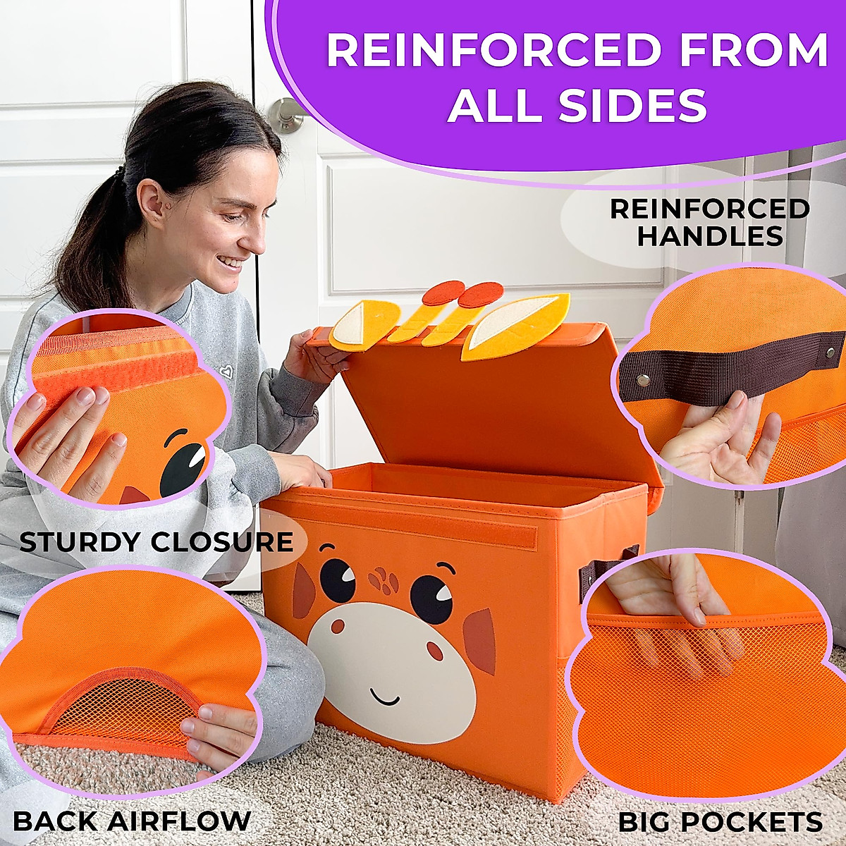 QUOKKA Toy Storage Box for Boys and Girls - 16x12x10 In Giraffe Toy Chest Organizer for Kids - Collapsible Handles - Flip Top Lids - Fabric Foldable Bin for Playroom - Nursery Room Organization